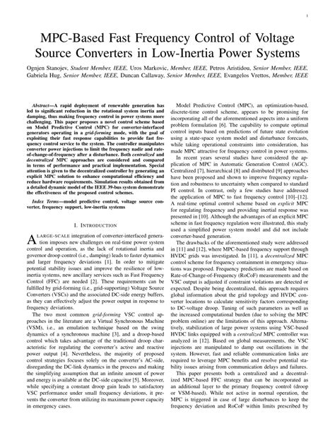 Pdf Mpc Based Fast Frequency Control Of Voltage Source Converters In Low Inertia Power Systems