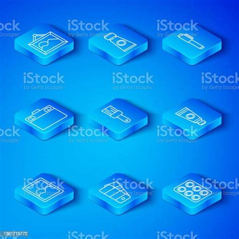 세트 라인 그래픽 태블릿 페인트 브러시 팔레트 페인트 팔레트와 튜브 펜 그림 풍경과 수채화 는 상자 아이콘을 페인트 벡터 3차원 형태에 대한 스톡 벡터 아트 및 기타 이미지