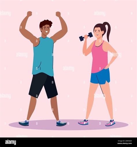 Woman And Man Lifting Weight And With Hands Up Vector Design Stock Vector Image Art Alamy