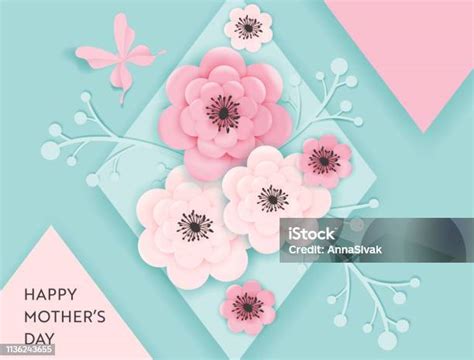 행복 한 어머니의 날 휴일 배너입니다 어머니의 날 인사말 카드 안녕하세요 봄 종이 잘라 디자인 꽃과 나비 타이포 그래피 엽서