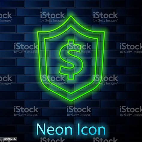 벽돌 벽 배경에 고립 된 달러 기호 아이콘빛나는 네온 라인 쉴드 보안 보호막 보호 돈 보안 개념 벡터 방패에 대한 스톡 벡터 아트 및 기타 이미지 Istock