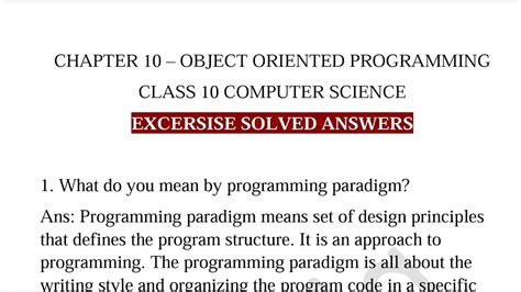 Class 10 Chapter 10 Object Oriented Programming Exercise Answers
