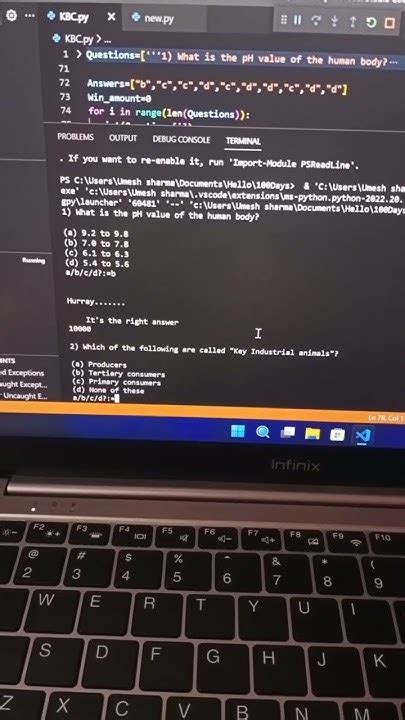Simple Kbc Python Program😋 Montypython Codewithharry Programming