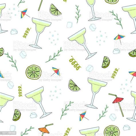 칵테일 마가렛입니다 손으로 그린 유리의 신선한 칵테일 밀 짚 석 회 얼음 장식 요소와 함께 완벽 한 패턴입니다 디자인 웹사이트 배경 배너 메뉴 서식 파일에 대 한 벡터 여름