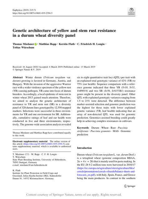 Genetic Architecture Of Yellow And Stem Rust Resistance In A Durum Wheat Diversity Panel