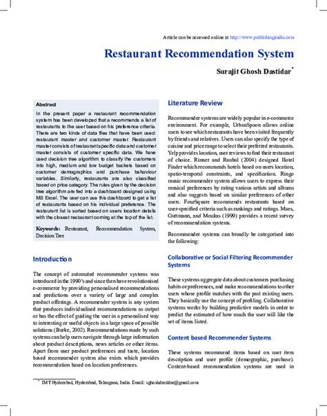 Pdf Restaurant Recommendation System Content Based Recommender Systems