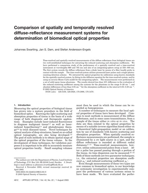 Pdf Comparison Of Spatially And Temporally Resolved Diffuse Reflectance Measurement Systems
