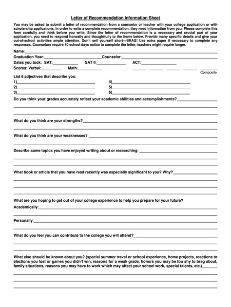 Letter Of Recommendation Information Sheet Complete With Ease