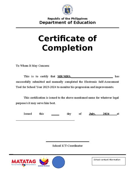 Certificate Of Completion For Esat From Ict Coordinator Deped Manual