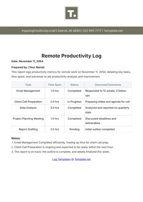 Free Remote Productivity Log Template To Edit Online