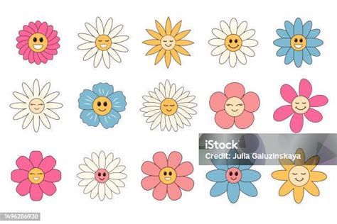 그루비 만화 꽃 세트입니다 귀여운 복고풍 히피 데이지 캐릭터 선형 컬러 벡터 그림입니다 1960 1969 년에 대한 스톡 벡터