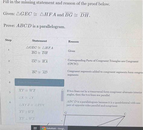 Fill In The Missing Statement And Reason Of The Proof Below Given Gec≌ Hfa And Over [math]