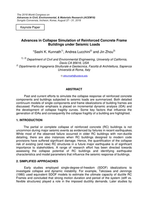 Pdf Advances In Collapse Simulation Of Reinforced Concrete Frame Buildings Under Seismic Loads