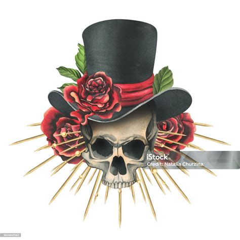 빨간 장미가 달린 모자를 쓴 인간의 두개골 광선이 달린 황금 왕관 죽은 자의 날 할로윈 Dia De Los Muertos에 대한 손으로 그린 수채화 그림 흰색 배경에 격리된