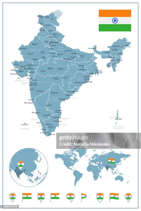 India Detailed Map With Regions And Cities Set Of Flags Globe Country