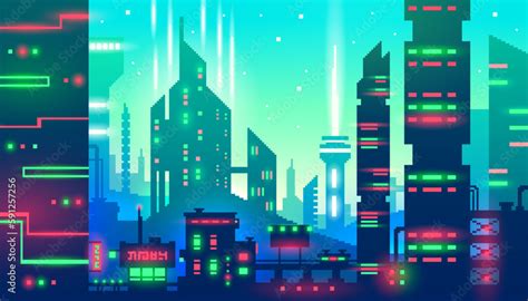 City Of Future Pixelated Banner Cyberpunk Metropolis Background
