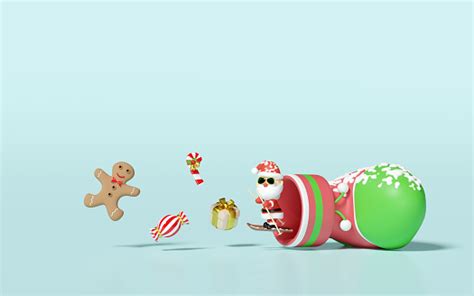 산타 클로스 선글라스 스키 양말 진저 브레드 남자 사탕 지팡이 선물 상자 파란색 배경에 고립되어 있습니다 메리 크리스마스와 축제 새해 휴일 여행 개념 3d 일러스트 렌더링