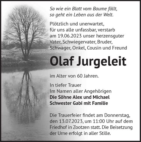 Traueranzeigen Von Olaf Jurgeleit Märkische Onlinezeitung Trauerportal