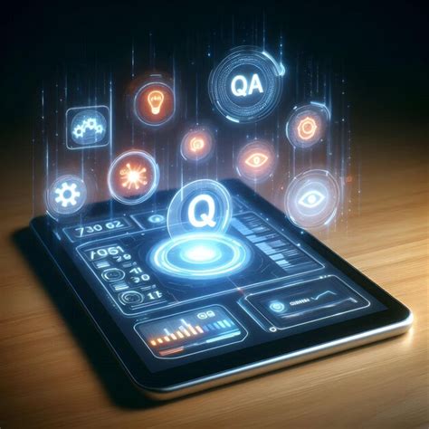 Tablet With Holographic Ai Qa Icons Minimalist Desk Setup Premium Ai Generated Image