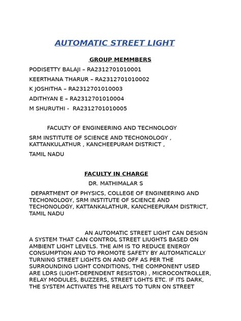 Automatic Street Light Physics Mini Project Pdf