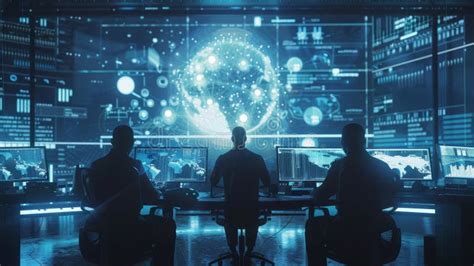 Government Agency Employees Working In A High Tech Control Room Monitoring Global Network