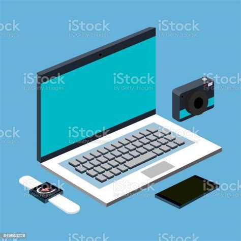 노트북 컴퓨터 사진 카메라 Smartwatch와 스마트폰 장치 가젯 기술 0명에 대한 스톡 벡터 아트 및 기타 이미지 0명