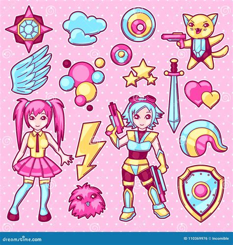 Set Of Japanese Anime Cosplay Objects Cute Kawaii Characters And Items Vector Illustration