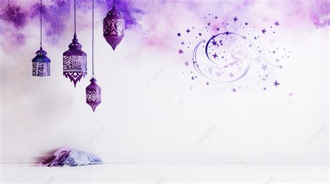 흰색 질감 배경에 초승달 별 등불과 보라색 브러시 스트로크를 매달아 놓은 우아한 라마단 카림 서예 라마단 포스터 아랍어 램프 이슬람의 달 배경 일러스트 및 사진 무료