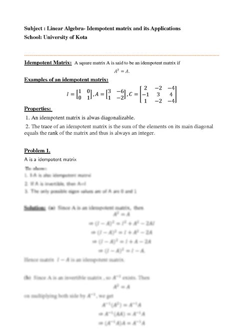 SOLUTION Linear Algebra Idempotent Matrix And Its Applications Studypool