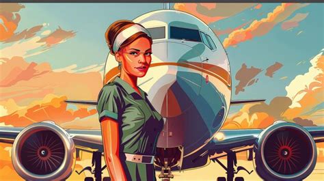 Retro Flight Attendant In Front Of A Vintage Jet Premium Ai Generated