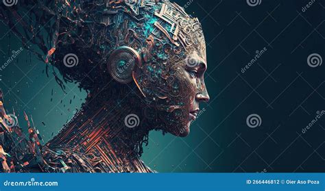 Side View Of A Humanoid Cyber Girl With A Neural Network Artificial