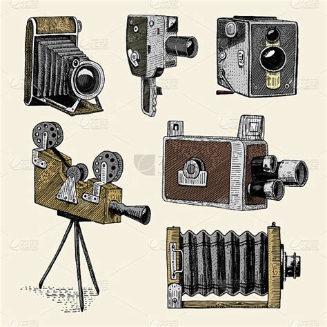 演变的照片，视频，电影，电影相机从最初到现在，雕刻手绘素描或木刻风格，老看复古镜头，孤立的向量现实插