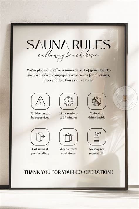 Printable Sauna Rules Sign For Airbnb Vacation Rentals Spas Home Gyms