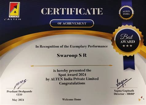 swaroop gowda on linkedin thank you alten india for the recognition