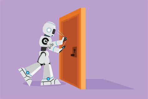 graphic flat design drawing of robot knocking at door cyborg standing