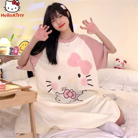 헬로 키티 시나모롤 쿠로미 플러스 사이즈 나이트 드레스 산리오 애니메이션 카와이 한국 패션 캐주얼 귀여운 소녀 잠옷 임산부 AliExpress