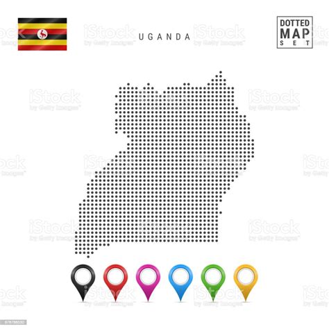 우간다의 도트 패턴 벡터 지도입니다 우간다의 양식된 실루엣입니다 우간다의 국기입니다 여러 지도 마커 세트 가리키기에 대한 스톡 벡터 아트 및 기타 이미지 Istock