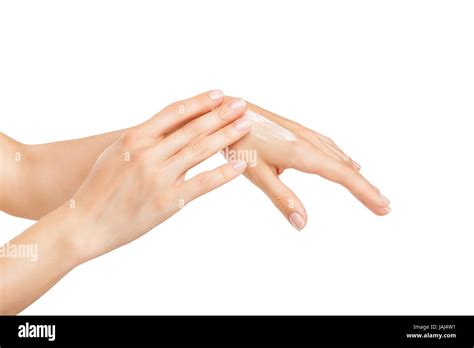 Woman Applies Cream On Her Hands Isolated On White Background Stock