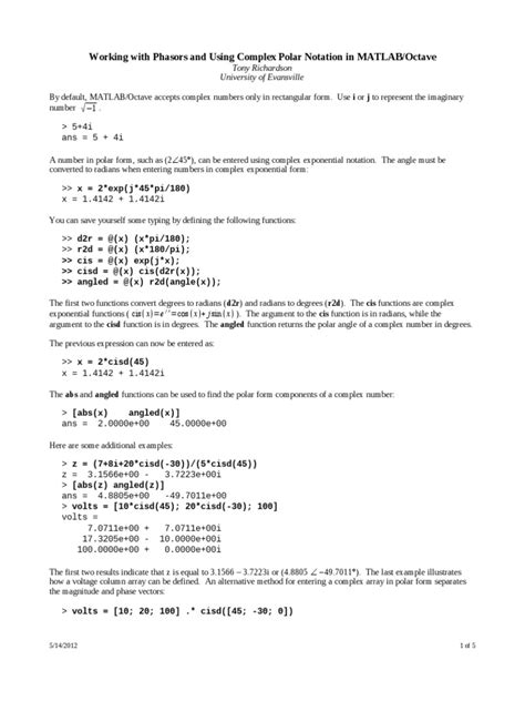 Working With Phasors And Using Complex Polar Notation In Matlaboctave