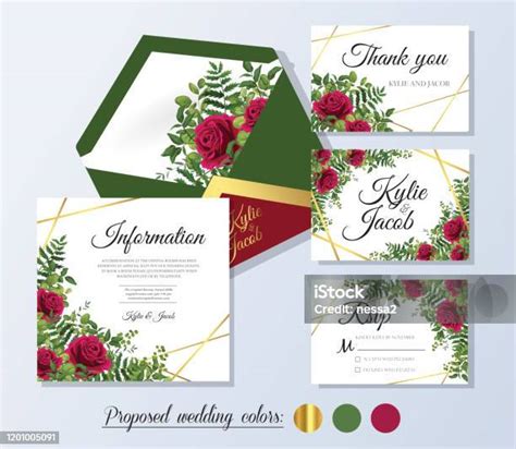결혼식 Rsvp 정보 감사합니다 봉투 녹색과 금 수채화 잎 꽃 디자인 빨간 장미 장식 프레임 인쇄 벡터 우아한 귀여운 소박한 인사말 초대 엽서 0명에 대한 스톡 벡터 아트