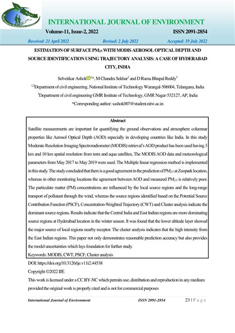 Pdf Estimation Of Surface Pm2 5 With Modis Aerosol Optical Depth And Source Identification
