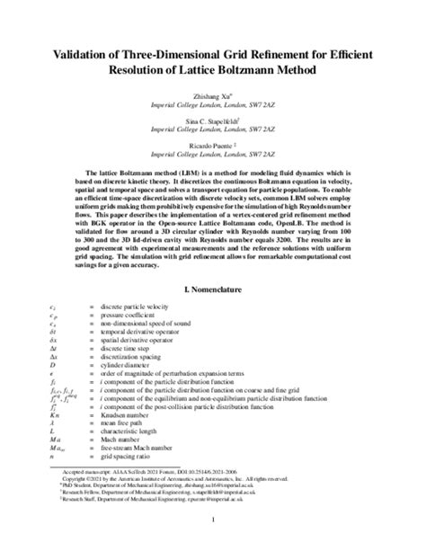 Pdf Validation Of Three Dimensional Grid Refinement For Lattice Boltzmann Methods