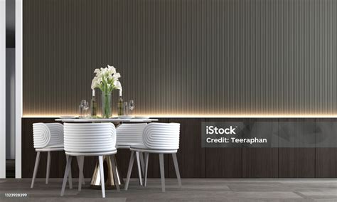 현대적인 아늑한 식당 인테리어 디자인과 가구 장식 및 빈 벽 배경 3d 렌더링 0명에 대한 스톡 사진 및 기타 이미지 0명 가구 고급 호텔 Istock