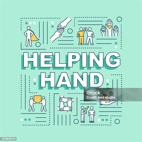 손 단어 개념 배너를 돕는 사회적 지원과 자원봉사 밝은 녹색 배경에 선형 아이콘이 있는 인포그래픽입니다 이타주의 격리된 타이포그래피 벡터 개요 Rgb 색상 그림 이타적에
