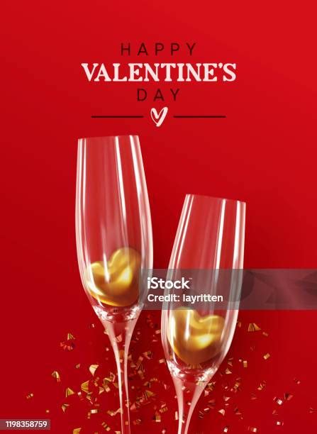 해피 발렌타인 데이 낭만적 인 구성 디자인 황금 하트가있는 샴페인 와인 의 현실적인 두 잔 반짝이 골드 색종이 빨간색 배경입니다 휴일 기프트 카드 축제 배너 포스터 발렌타인