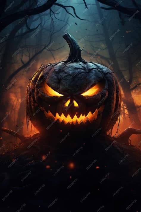 Premium Ai Image Anthropomorphic Pumpkin Angry Jack With Scar Surface Againts The Haunted