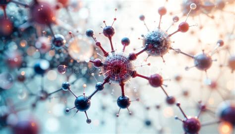 A Scientific Visualization Of Interconnected Molecular Structures In Blue And Red Tones Stock