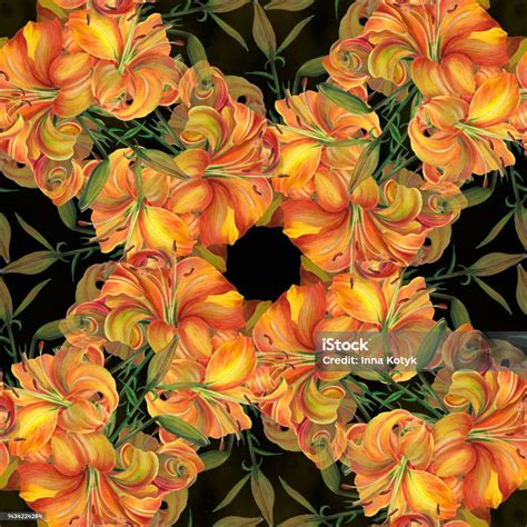 원활한 패턴 노란색 백합의 꽃 새싹 및 잎 수채화 꽃 모티프 인쇄물 간판 품목 웹 사이트 지도 포스터 엽서 포장을 사용하십시오 개념에 대한 스톡 벡터 아트 및 기타 이미지