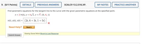 Solved Find Parametric Equations For The Tangent Line To The Chegg