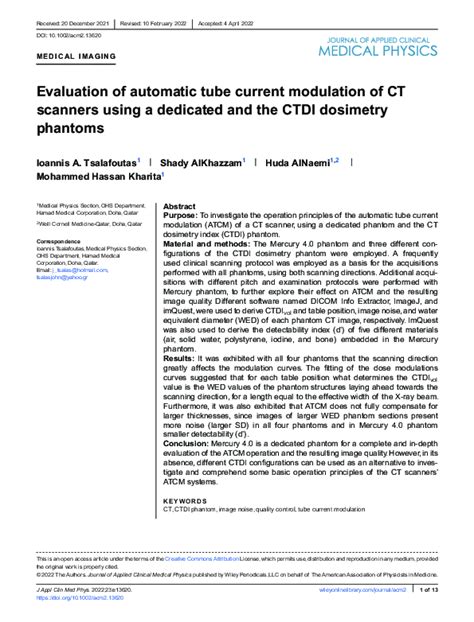 Pdf Evaluation Of Automatic Tube Current Modulation Of Ct Scanners Using A Dedicated And The